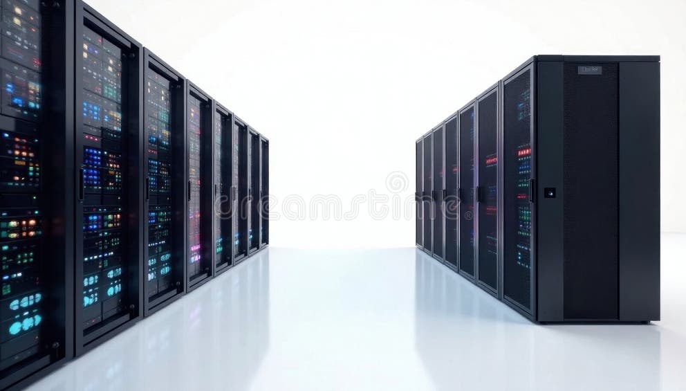 Multiple Server Racks Against a Pure White Backdrop Hardware Network ...