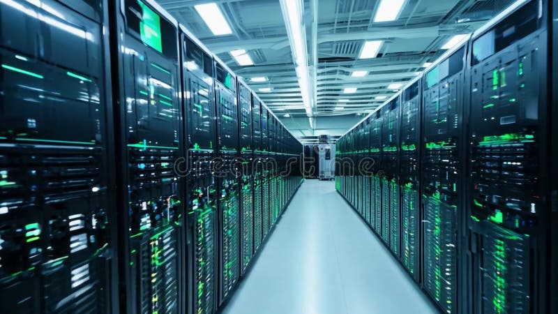 High-Tech Data Center Featuring Rows of Server Racks with Green Lights ...