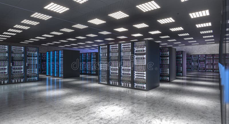 Multiple Server Racks Emitting Blue and Purple Light Operating in Dark ...