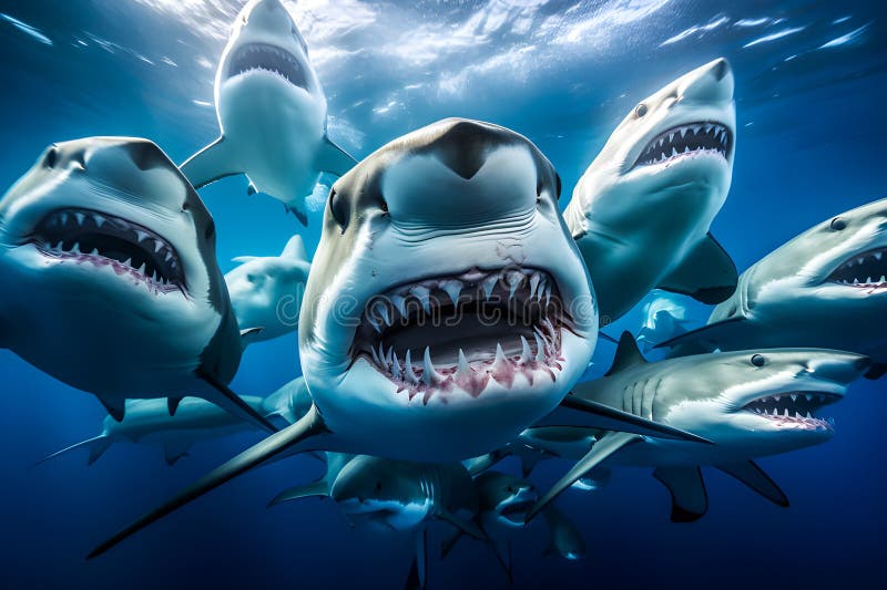 Multiple Shark Face only Packed Together and Straight Look the Same Way ...