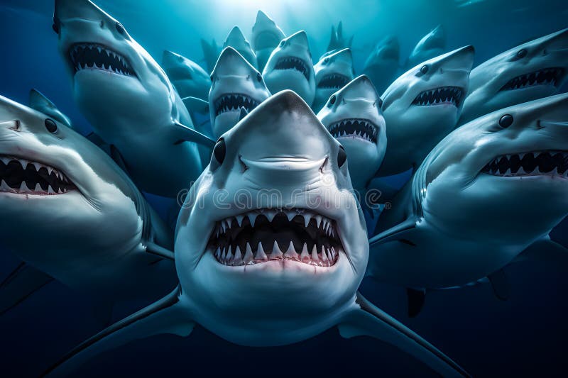 Multiple Shark Face only Packed Together and Straight Look the Same Way ...