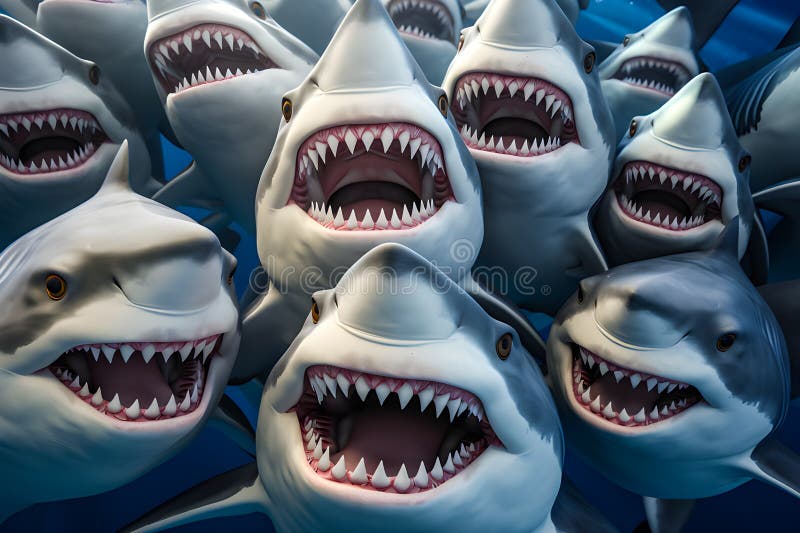 Multiple Shark Face only Packed Together and Straight Look the Same Way ...