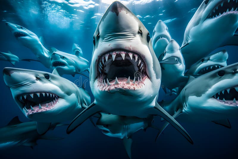 Multiple Shark Face only Packed Together and Straight Look the Same Way ...