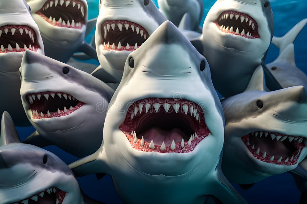 Multiple Shark Face only Packed Together and Straight Look the Same Way ...