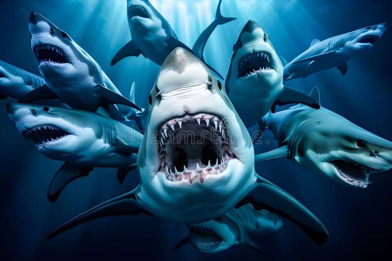 Multiple Shark Face only Packed Together and Straight Look the Same Way ...