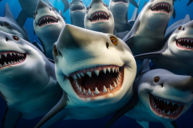 Multiple Shark Face only Packed Together and Straight Look the Same Way ...