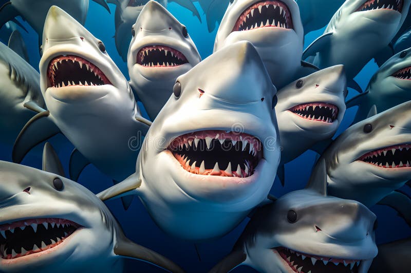 Multiple Shark Face only Packed Together and Straight Look the Same Way ...