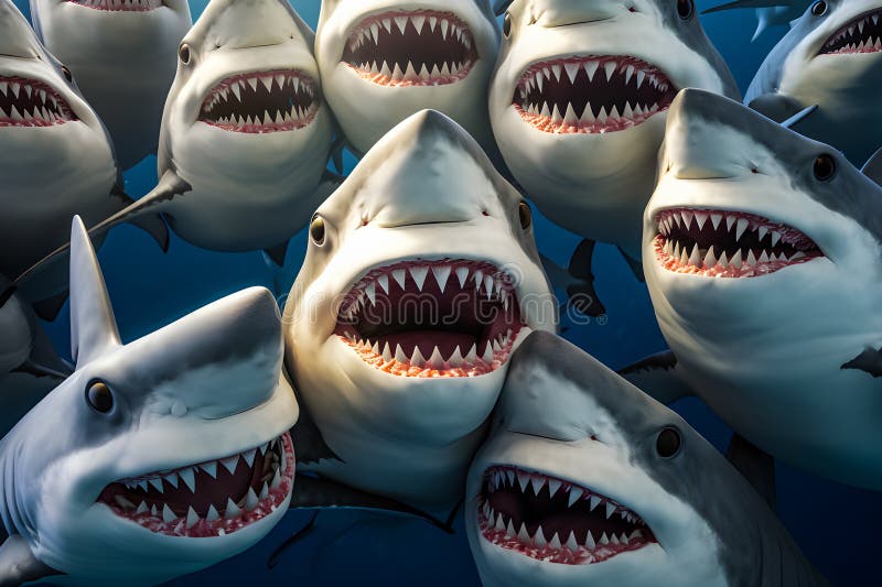 Multiple Shark Face only Packed Together and Straight Look the Same Way ...