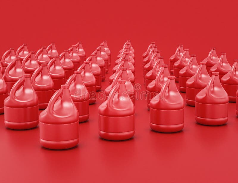 Multiple Shiny Red Plastic Bleach Containers in Rows on Red Background ...