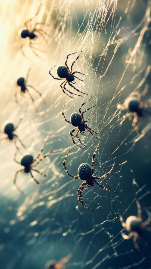 Multiple Silhouetted Spiders on an Ethereal Gossamer Web, Backlit by ...