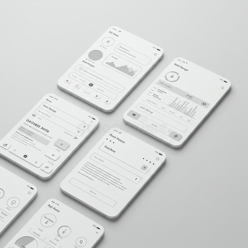 Multiple Smartphone Screens Display Monochrome App Interfaces. the ...