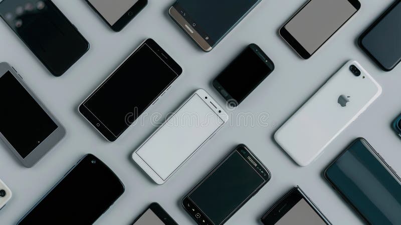 Multiple Smartphones Arranged in a Variety of Angles on a Plain Grey ...