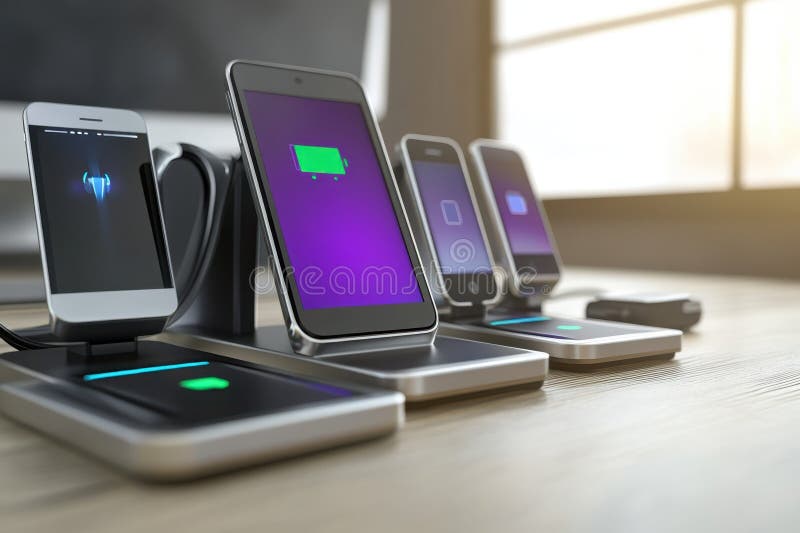 Multiple Smartphones Charging on Sleek Docking Stations in a Modern ...