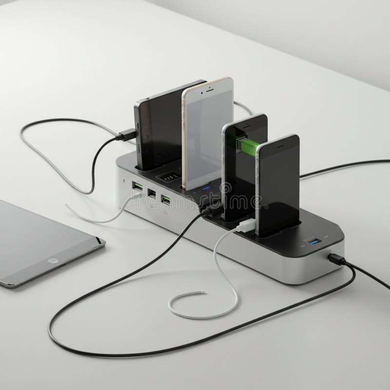 Multiple Smartphones are Positioned Vertically on a Sleek, Rectangular Charging Station. Stock ...
