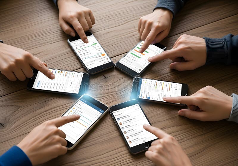 Multiple Smartphones Showing Shared Task Apps Surrounded by Team Hands ...