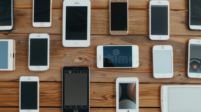 Multiple Smartphones and Tablets are Arranged in Rows on a Woodgrain ...