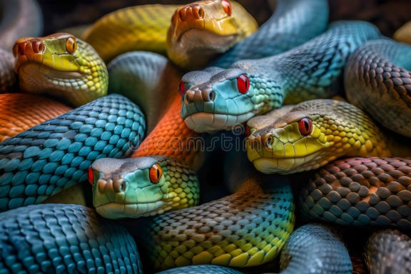 Multiple Snake Face only Packed Together and Straight Look the Same Way ...