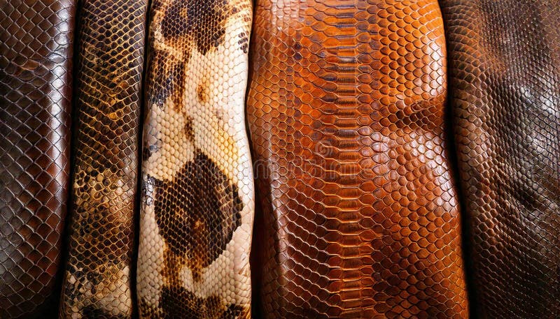 Colorful Display of Various Snake Skins Arranged in a Row for ...