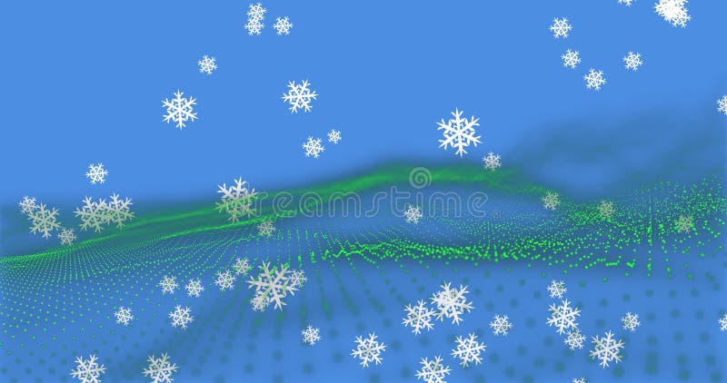 Multiple Snowflakes Icons Falling Over Green Digital Wave Against Blue ...