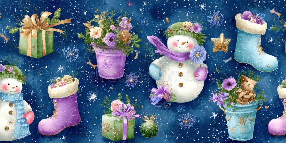 Multiple Snowmen Wearing Boots Surrounded by Wrapped Gifts on a Solid ...