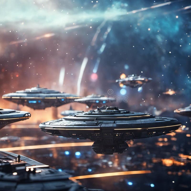 Multiple Spaceships Flying in Space with Buildings Behind Them and the ...