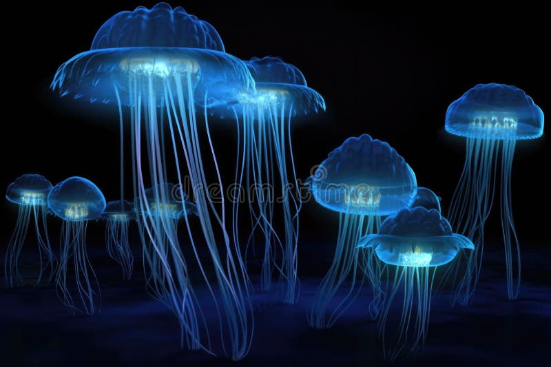 Multiple Species of Bioluminescent Jellyfish Floating Together Stock ...