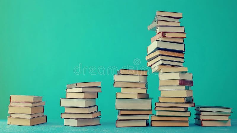 Stacks of Books Forming Upward Trajectory on Turquoise Background Stock ...