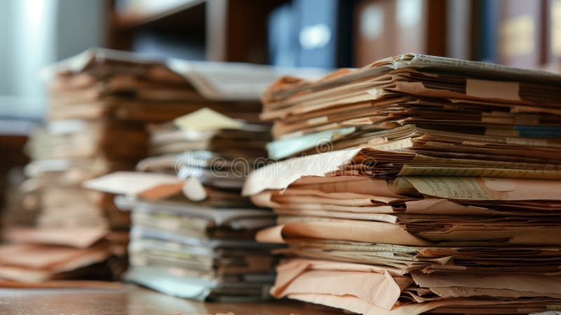 Multiple Stacks of Disorganized Paperwork Pile Up on a Wooden Desk ...