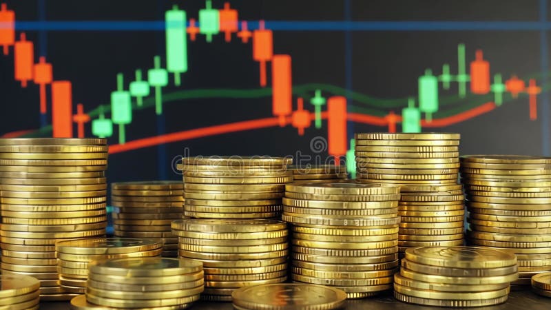 Multiple Stacks of Gold Coins Placed in Front of Stock Market ...