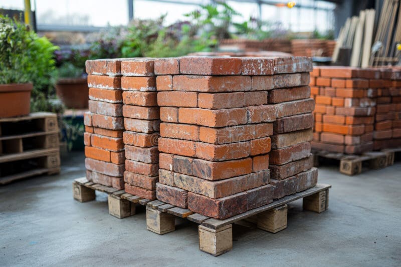 Multiple Stacks of Red Clay Bricks are Neatly Arranged on Wooden ...