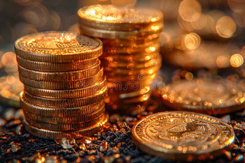 Multiple Stacks of Shiny Gold Coins on a Surface with a Warm Background ...