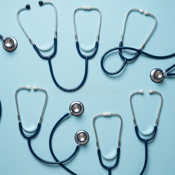 Multiple Stethoscopes are Arranged in a Scattered Pattern on a Light ...