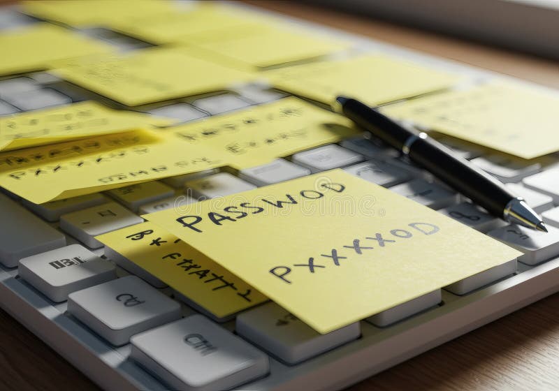 Multiple Sticky Notes with Handwritten Passwords Scattered Across a ...