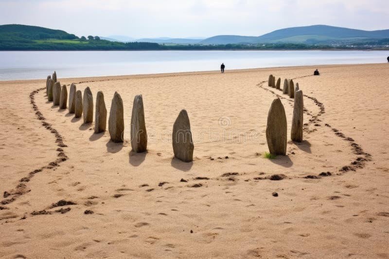 Multiple Stone Circles Arranged in a Line on a Sandy Shore Stock Photo ...