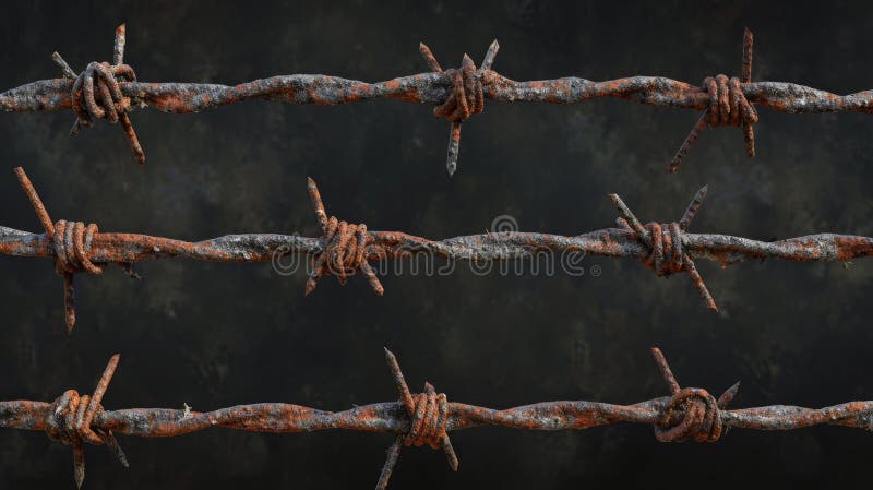 Multiple Strands of Old, Rusty Barbed Wire Against a Dark Background ...