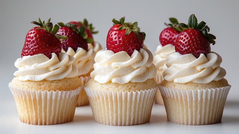 Multiple Strawberry-topped Cupcakes with Whipped Frosting. Stock Image ...