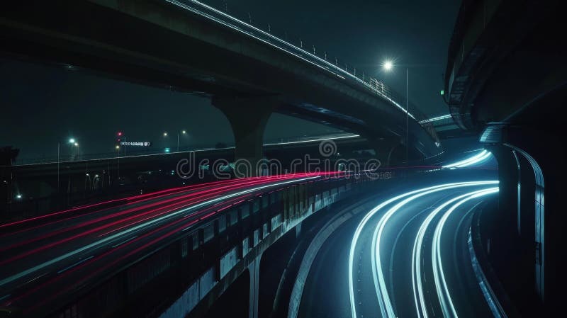 Multiple Streams of Car Lights Racing Over the Curved Overpass Creating ...