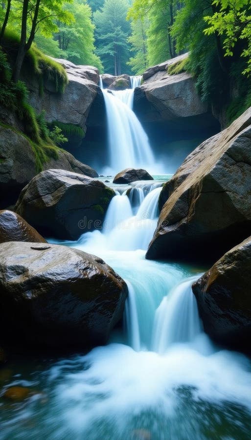 Multiple Streams Flowing Over Rock Formations, Creating a Waterfall ...