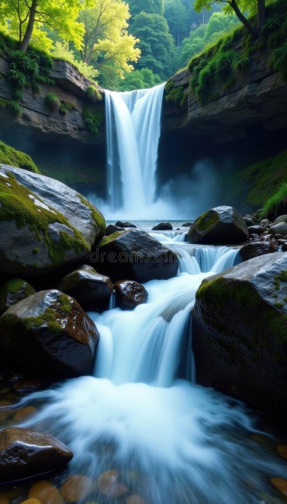 Multiple Streams Flowing Over Rock Formations, Creating a Waterfall ...
