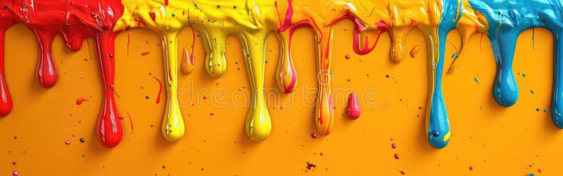 Multiple Streams of Paint Dripping Down a Bright Yellow Wall, Creating ...