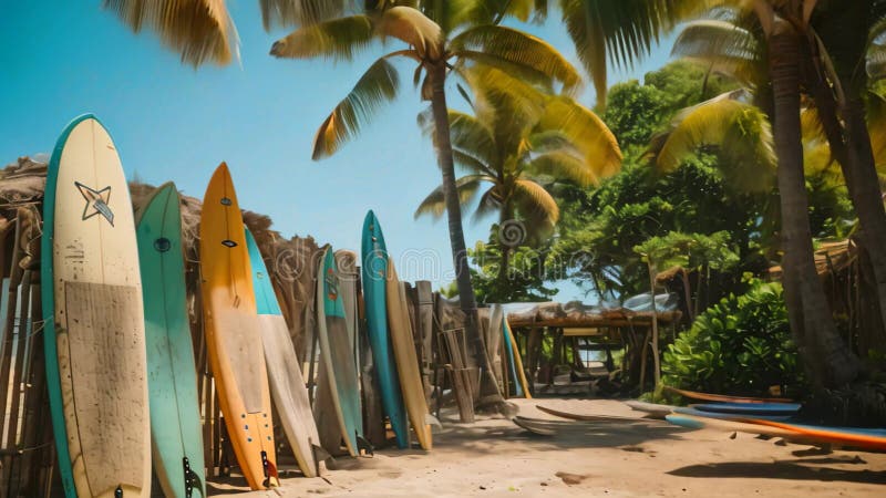 Multiple Surfboards Neatly Lined Up on a Sandy Beach with Palm Trees in ...