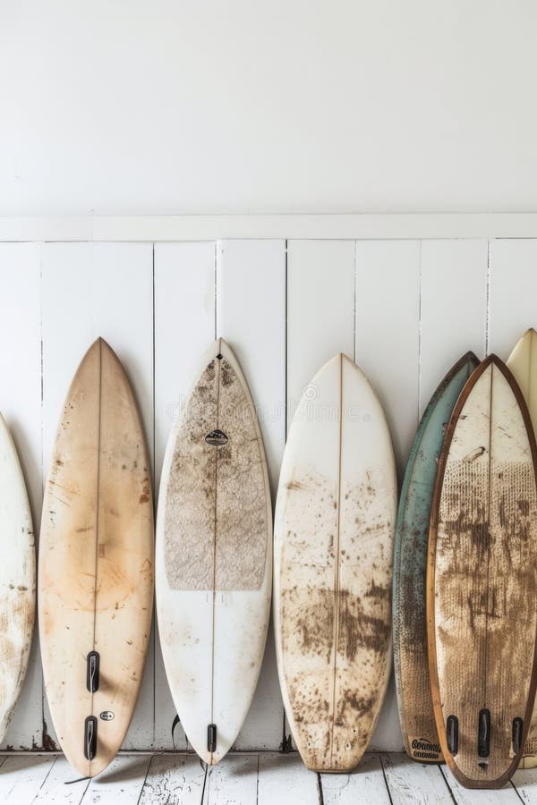 Multiple Surfboards Standing Against a Wall Indoors. Stock Image ...