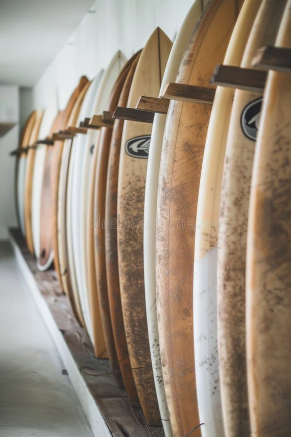 Multiple Surfboards Standing Against a Wall Indoors. Stock Photo ...