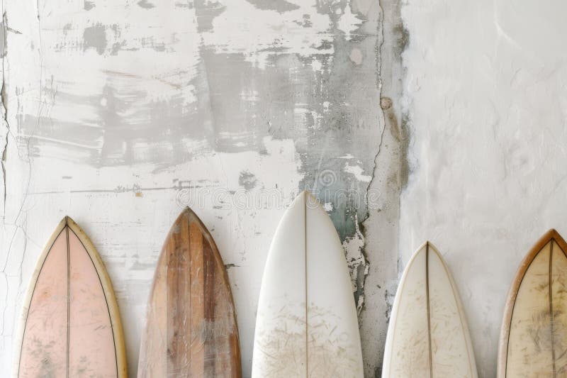 Multiple Surfboards Standing Against a Wall Indoors. Stock Image ...