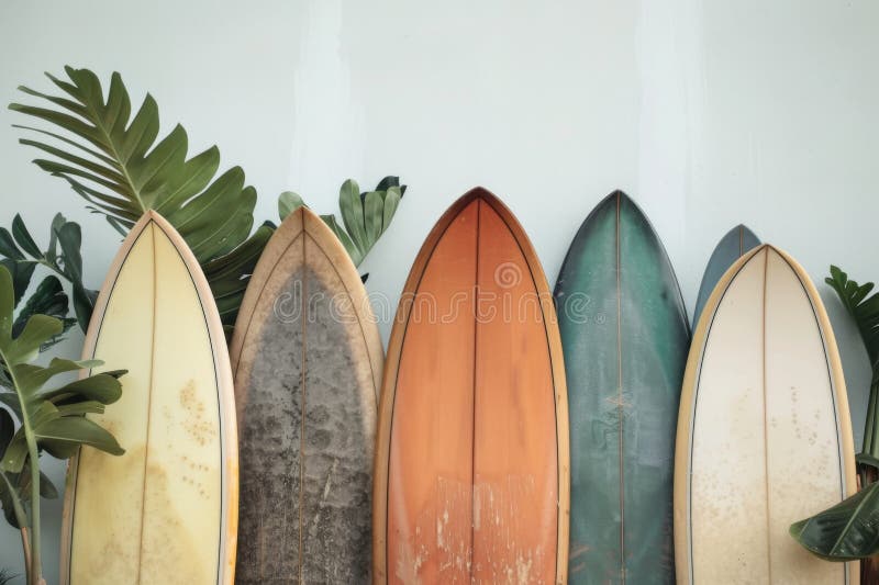 Multiple Surfboards Standing Against a Wall Indoors. Stock Image ...