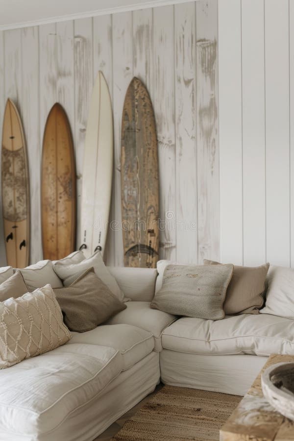Multiple Surfboards Standing Against a Wall Indoors. Stock Photo ...