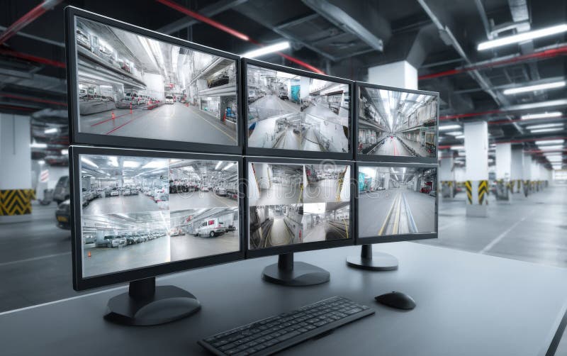 Multiple Surveillance Monitors Displaying a Parking Garage Environment ...