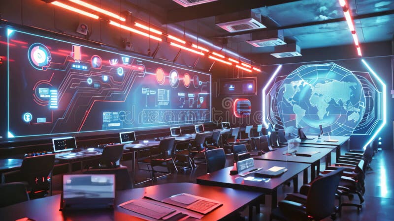 Multiple Tables in a Room Filled with Laptops and Futuristic ...