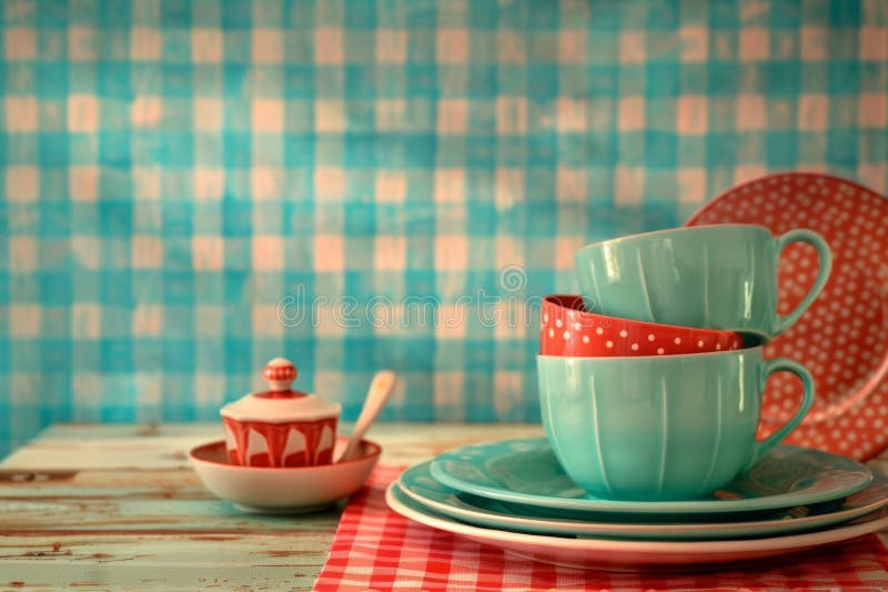 Multiple Tea Cups Stacked Neatly on a Wooden Table. Generative AI Stock ...