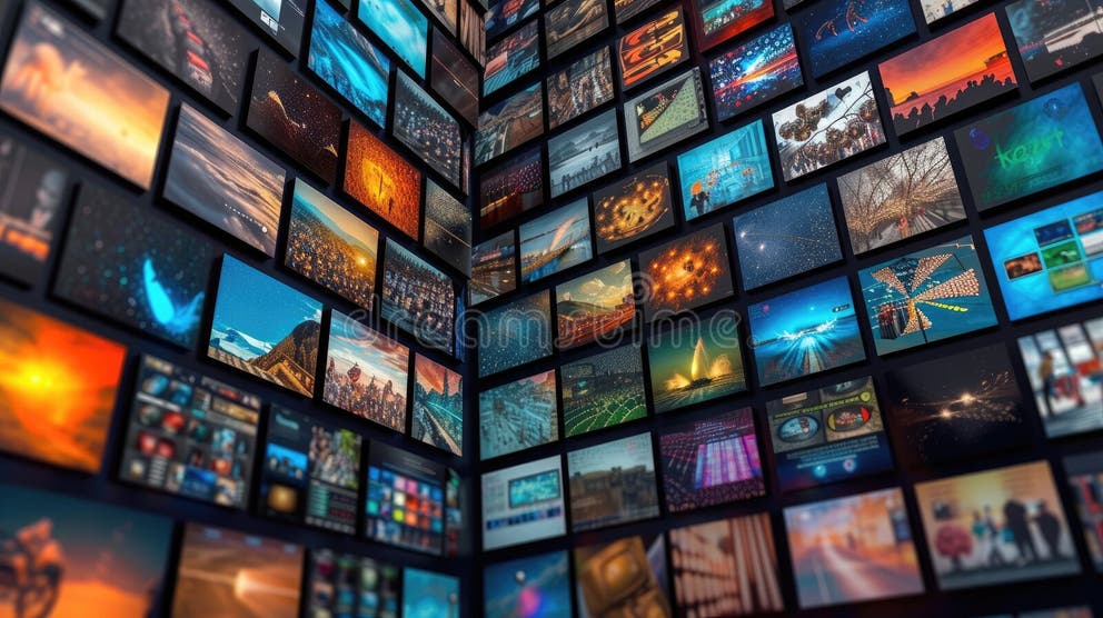 Multiple Television Screens Displaying Various TV Channels, Embodying ...